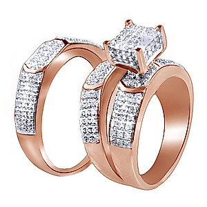 Jewel Zone US White Natural Diamond Engagement & Wedding Trio Bridal Ring Set in 10k Solid Rose Gold (0.79 Carat)