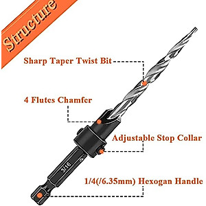 5 Pcs Countersink Drill Bits, Bestgle High Speed Steel Counter Sinker Drill Bits with Chamfering Combination for Woodworking, Imperial Hex Shank HSS Taper Bits 9/64", 3/16", 7/32", 11/64", 7/64"