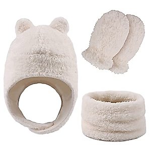 Fleece Baby Hat and Mitten Set Winter Toddler Beanie Warm Scarf Infant Ears Earflap Hood Scarves Caps for Baby Boys Girls (White, S)