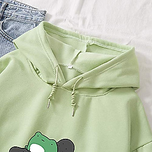 KEEVICI Women's Cute Sweatshirts Skateboarding Frog Long Sleeve Cotton Hoodie Pullover (Green,L)