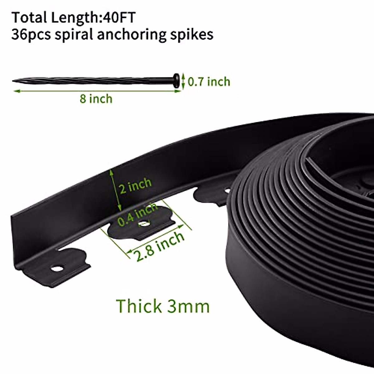 AGTEK 40FT Plastic Landscape Edging Kit 2in. Height No-Dig Garden Edging Border Lawn Edging Roll for Flower Bed Lawn Yard, Black with 36 Spikes