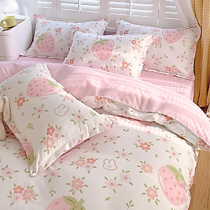 SOULZZZ White Pink Duvet Covers Queen Size - Pink Strawberry Bedding Queen Comforter Sets 3 PCS with Zipper Closure Duvet Cover & 2 Pillow Shams (No Comforter)