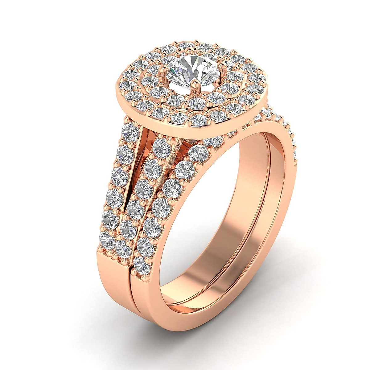 2.00ct Cushion Halo Diamond Engagement Wedding Ring Set 10K Rose Gold (H-I, I2-I3)