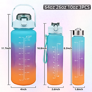 64 oz Water Bottle with Straw 3PCS Half Gallon Water Bottle with Time Marker Large Resuable Cut Motivational Water Bottle for Gym Sports Big Circle Pink Water Bottles with Handle (gradient blue)