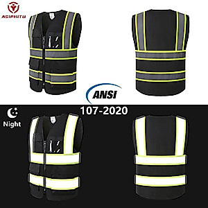 ASIPHITU Reflective High Visibility Safety Vest for Men Women Security with Pockets Zipper Front for Work Vest with Reflective Strips Meets ANSI/ISEA Standards(H-Black-L)