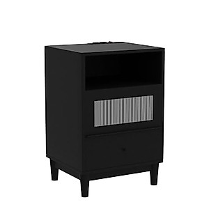 Saudism Black Nightstand with Charging Station, End Table with Glass Drawers, Night Stand with LED Lights, Wood Bedside Tables for Bedroom, 15.7”×13.7”×23.8”