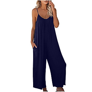 Short Sleeve Rompers For Women Spaghetti Strap Jumpsuits Casual Sleeveless Sexy V Neck Bib Overalls Summer Pleated Pants Romper Wide Leg 2023 Plus Size