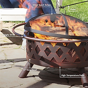 Sunnydaze Crossweave Outdoor Fire Pit - Wood-Burning Fire Pit for Outside with Spark Screen, Poker and Round Cover - 30-Inch - Bronze