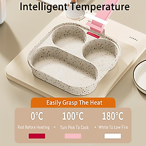 JUSTUP Nonstick Frying Pan, Divided Grill Frying Pan 3 Cups Pink Pancake Pan, Intelligent Temperature Sensing Egg Frying Pan, Breakfast Skillet for Eggs, Pancakes,Bacons (White)