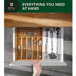 ROYAL CRAFT WOOD Luxury Bamboo Kitchen Drawer Organizer - Silverware Organizer and Cutlery Tray with Grooved Drawer Dividers for Flatware and Kitchen Utensils (7 Slot, Natural)