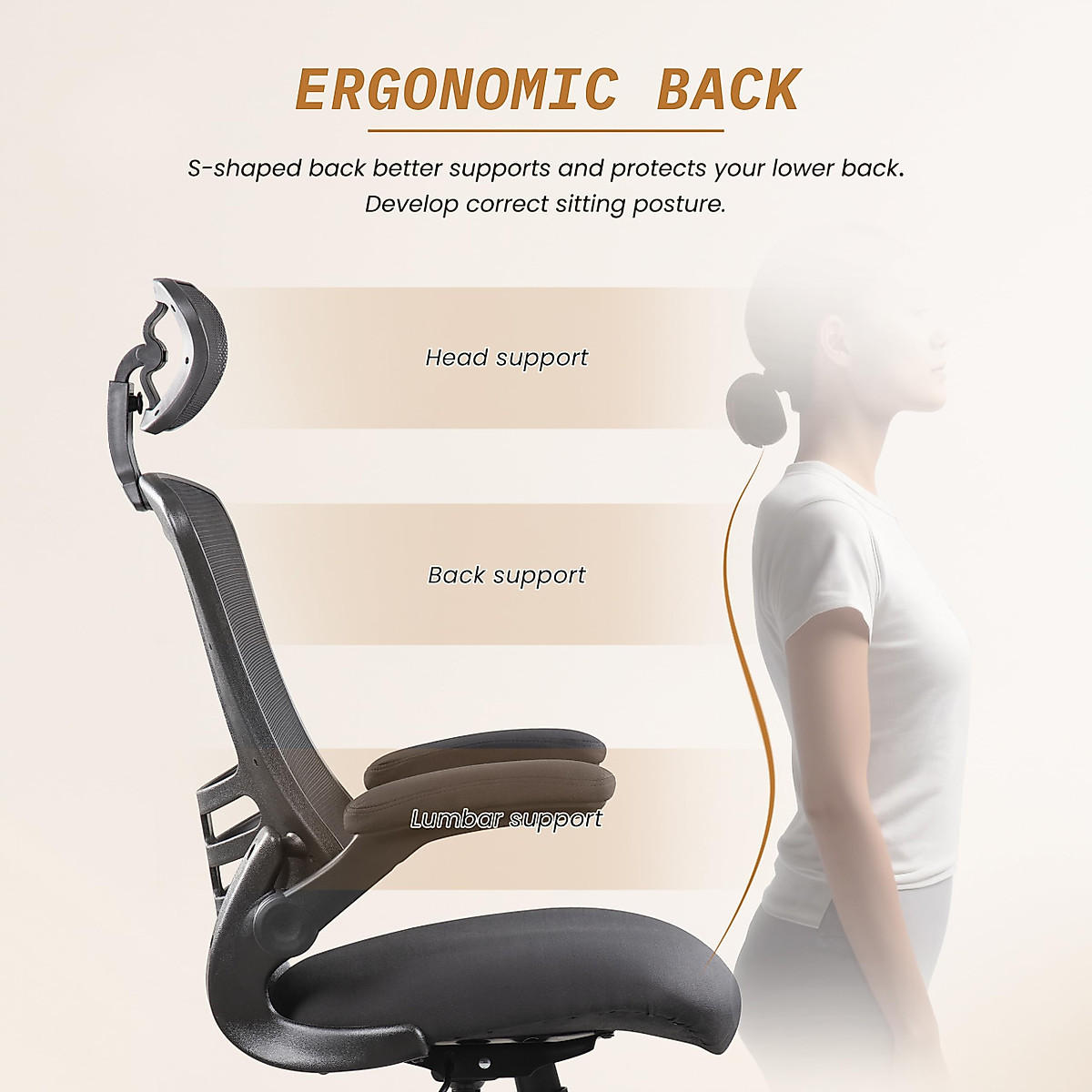 BOJUZIJA Ergonomic Office Computer Desk Chair,Adjustable Headrest,Flipped Arms,Lumbar Support 360°Swivel Task Chair -Black