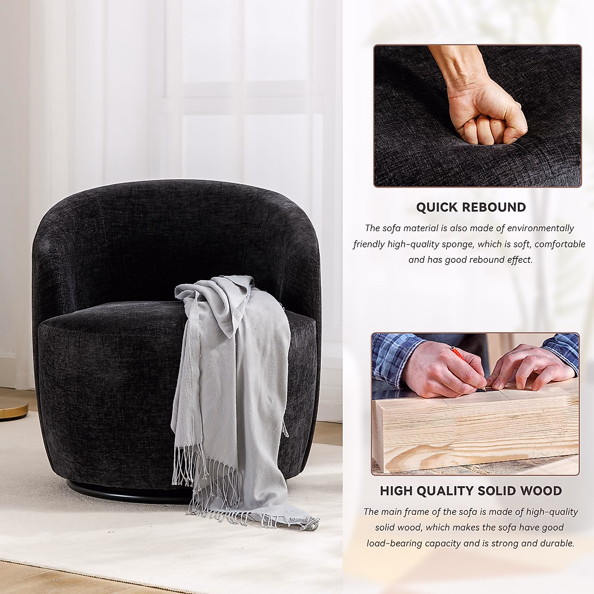 FOXHUNTER Swivel Barrel Chair, Small Swivel Accent Chair Comfy Round 360° Chenille Swivel Chair for Living Room Modern Round Accent Arm Chairs for Living Room Bedroom Nursery, Black