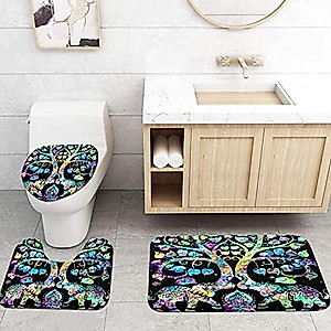 DuoBaorom 4 Pieces Set Boho Elephant Shower Curtain Set Boho Paisley Animal Tree of Life Picture Print on Non-Slip Rugs Toilet Lid Cover Bath Mat and Bathroom Curtain with 12 Hooks 72x72inch