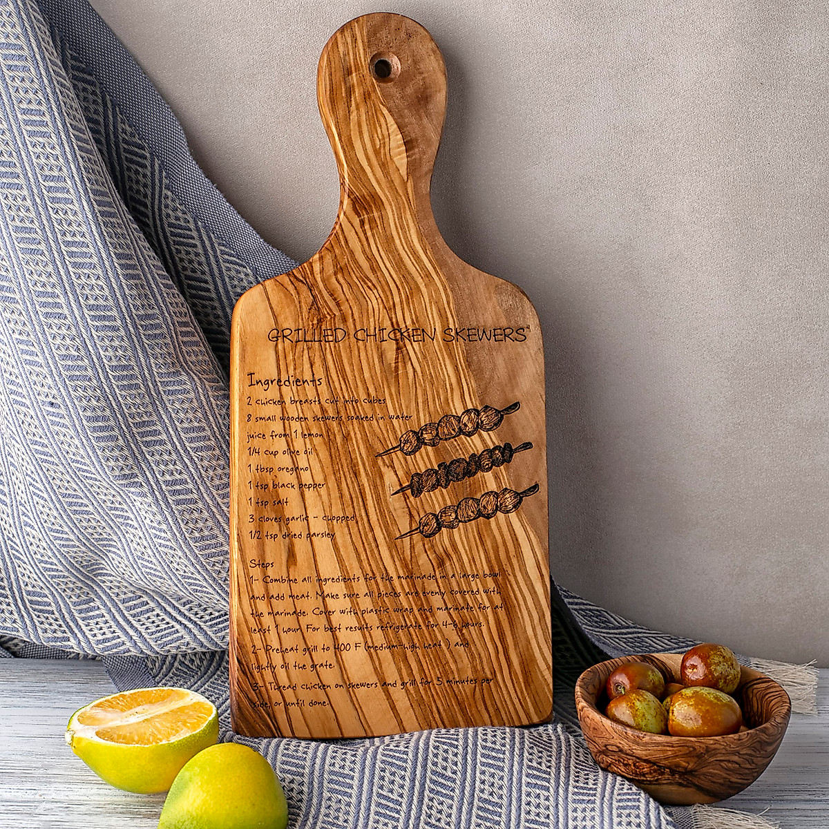 Forest Decor Olive Wood Recipe Cutting Board with Handle, Handcrafted Recipe Cutting Board, Custom Recipe Engraved Board, Perfect Handwriting Recipe Gift, Family Recipe, 12x6