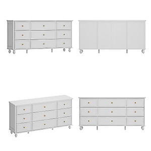 ROMSHINE White Bedroom Dresser with 9 Drawers, 63" Wide Dressers Chest of Drawers, Transitional Wood Dresser Long Drawer Organizer for Nursery Bedroom Living Room