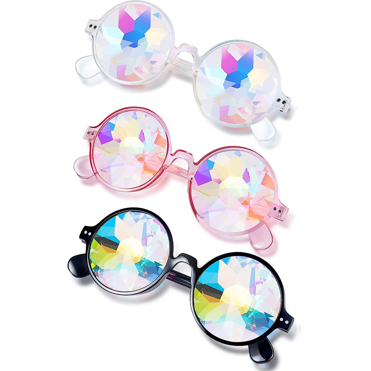 Frienda 3 Pairs Kaleidoscope Rave Glasses Festivals Goggle Rainbow Sunglass Kaleidoscope Sunglass Prism Refraction Glasses(Black, Clear, Pink)