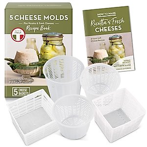 Easy Cheesemaking Set | 5 Cheese Molds + Cheese Making Book | Made in Italy | Recipes to Make Ricotta, Paneer, Goats Cheese, Quark and More | Professional Cheese Press Basket Mold Set of Strainers
