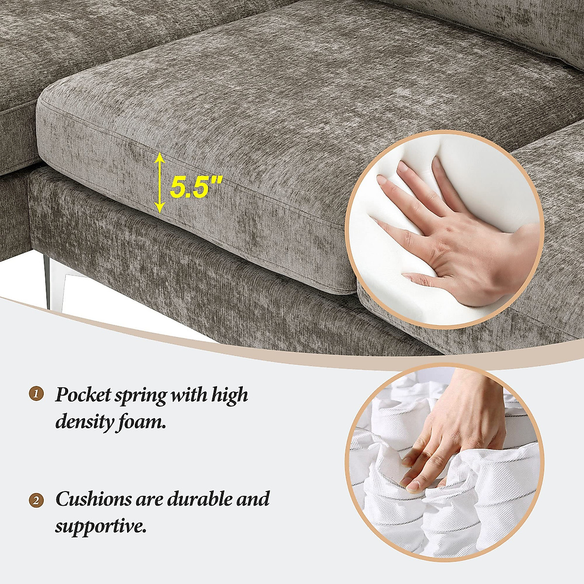 FIQHOME 84'' Convertible Sectional, Modern Chenille L-Shaped Sofa Couch with Reversible Chaise Lounge, Fit for Living Room, Apartment(2 Pillows,New,Espresso)