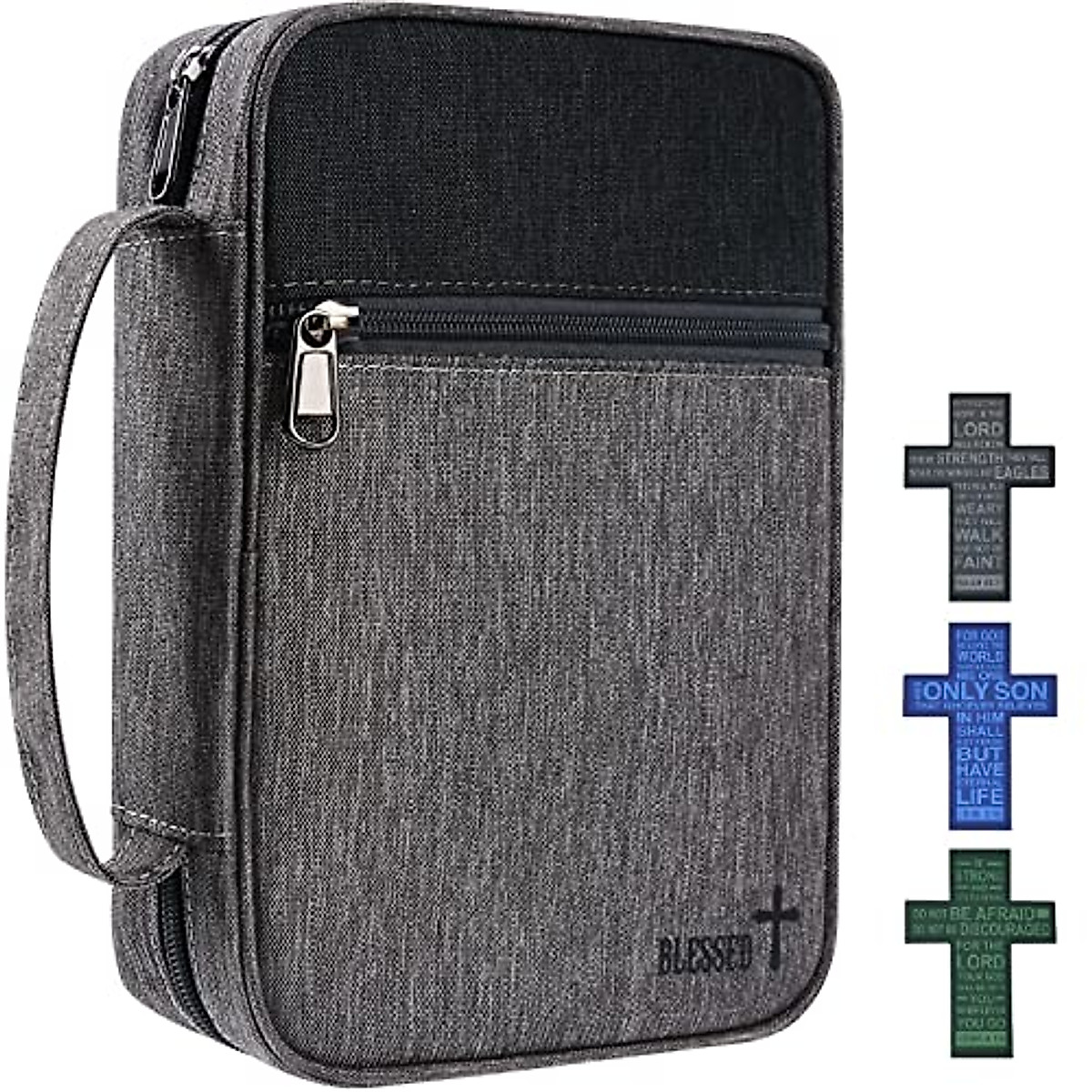 Bible Cover Case with Scripture Book Case Church Bag with 3 Cross Bookmarks Protective with Handle, Zipper and Pockets for Men 10“x7.5”x2.5" Fits Standard Size Bible 9.6"x7.5"x2.5", Black