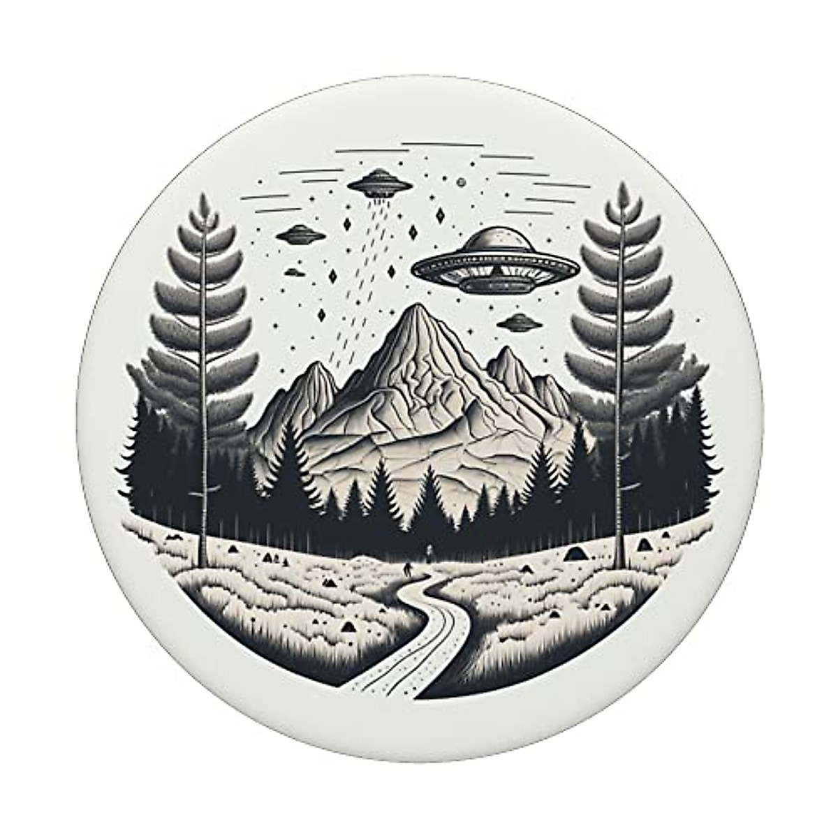 Flying Aliens UFO Saucer surrounded by mountains PopSockets Swappable PopGrip