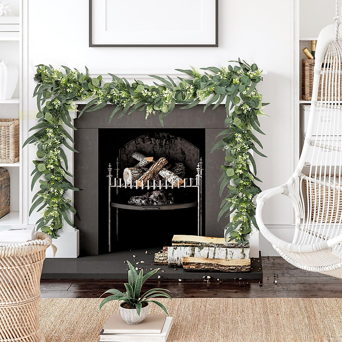 Dremisland Eucalyptus Garland with Long Willow Leaves 2 Packs 5.9Ft Silver Dollar Boston Fern Greenery Garland White Flowers Eucalyptus Vines for Wedding Party Mantle Table Runner Home Decor (4PCS)