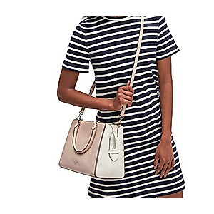 kate spade handbag purse Leila medium triple compartment satchel in leather, Light Sand