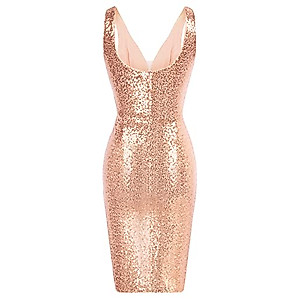 GRACE KARIN Women Deep V Neck Party Mini Dress U Back Sequin Irregular Hem Evening Dress Rose Gold