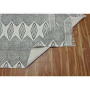 Casavani Hand Block Printed Cotton Dhurrie Geometric Gray & Beige Tassel Rug Easy Care Washable Rugs for Doormat Entryway Living Room Bedroom Hallway Balcony 2.6x10 Feet Runner