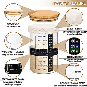 Sourdough Starter Jar Kit with 35 Oz/1000 ml Sourdough Bread Baking Supplies with Thermometer, Feeding Date Band, Silicone Scraper, Silicone Spoon Cloth Cover & Wood Lid, Wide Mouth Dough Starter Jar