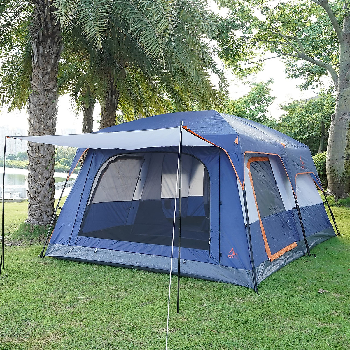 KTT Extra Large Tent 10-12 Person(B),Family Cabin Tents,2 Rooms,3 Doors and 3 Windows with Mesh,Straight Wall,Waterproof,Double Layer,Big Tent for Outdoor,Picnic,Camping,Family Gathering(Dark Blue)