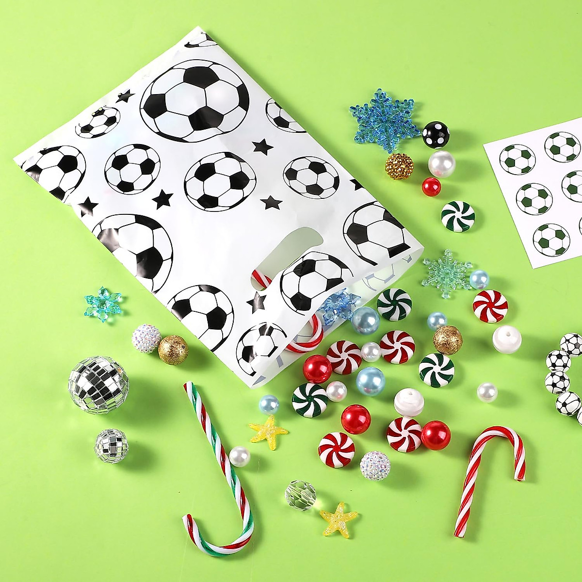 PEUTIER 50pcs Soccer Gift Bags, Plastic Soccer Party Bags Soccer Goodie Goody Snack Treat Candy Bags Soccer Present Party Favor Bags for Team Kids Teens Games Sports Events Supplies (White)