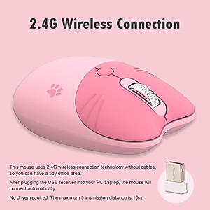 Lomiluskr Cute Cat Wireless Mouse, Lightweight Soundless Mouse, 2.4G Wireless Mice, Candy Colors, Kawaii Mouse for Girls and Kids (Pink)