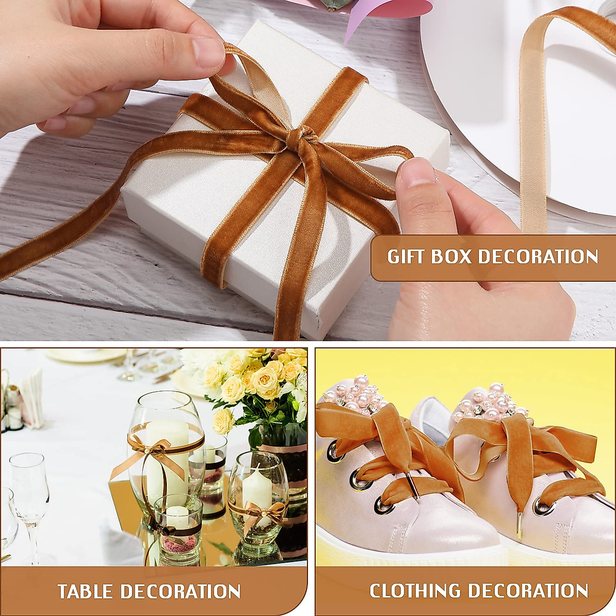 Christmas Wired Velvet Ribbon with Gold Edge Velvet Waterproof Ribbon Wrapping Velvet Decoration Ribbon for Xmas Wreath Bows Floral Craft Ornaments(Khaki,3/8 Inch x 20 Yard)