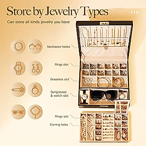 Jewelry Boxes for Women with Code Lock, Black Jewelry Storage Box, Leather Travel Jewelry Box with Mirror, Double Layer Large Jewelry Organizer Box for Watch Rings Necklace Bracelet Earring