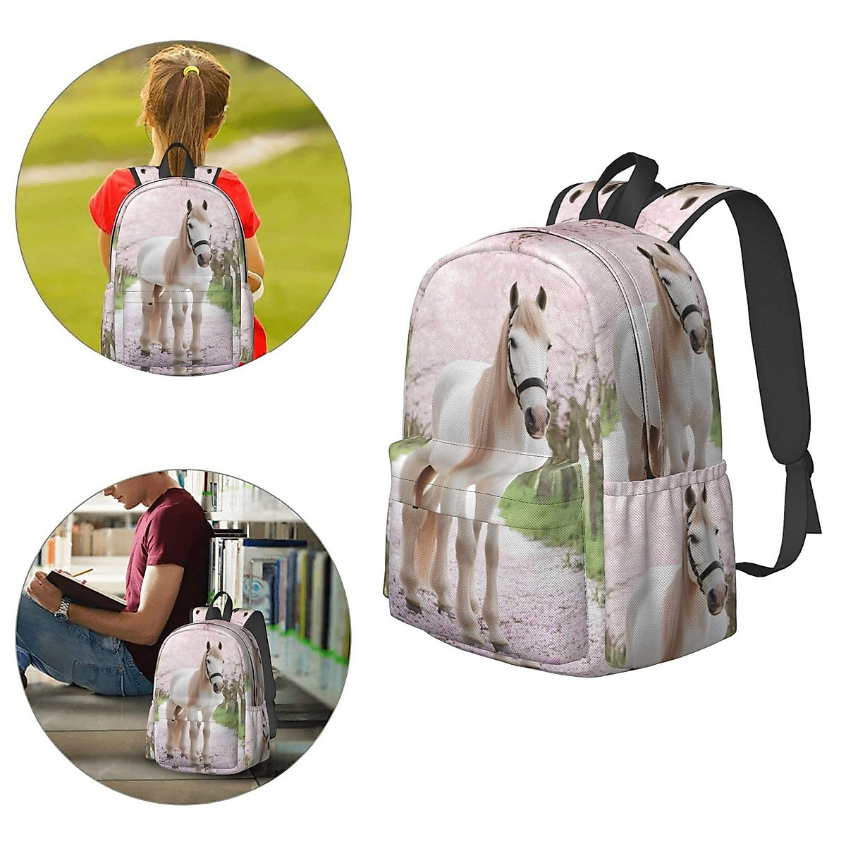 FeHuew 16 inch backpack 3D Animal White Horse Laptop Backpack Full Print School Bookbag Shoulder Bag for Travel Daypack