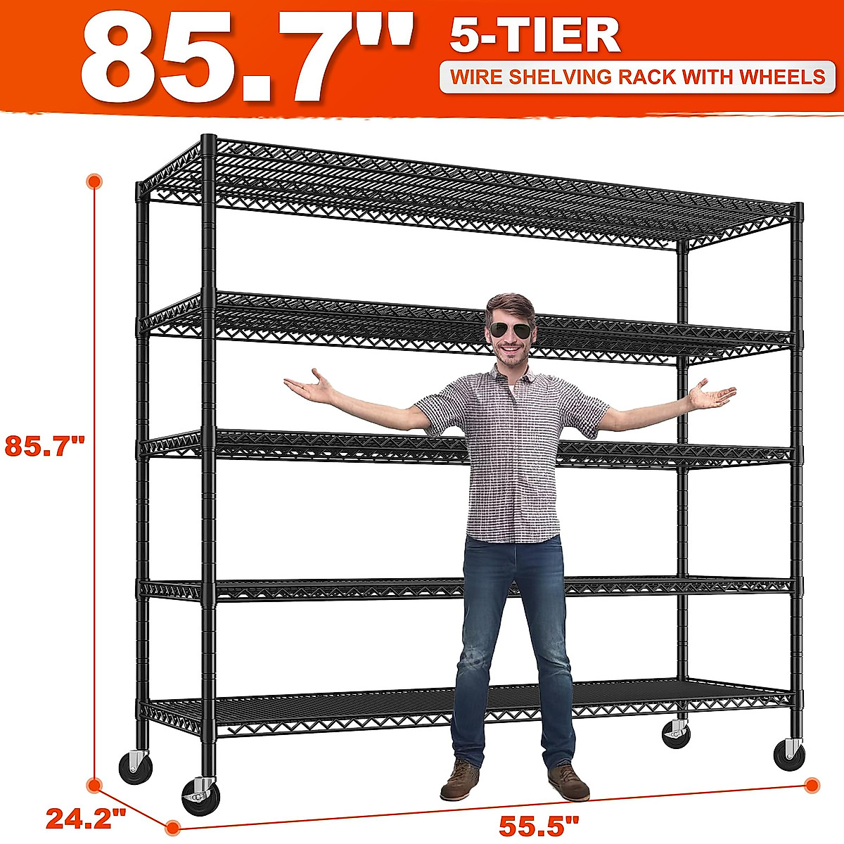 REIBII 85.7"H Storage Shelves 3200LBS 5 Tier Wire Shelving Unit with Wheels 55.5" W Heavy Duty Shelving Rack Adjustable Metal Shelves for Kitchen Pantry College Dorm School 85.7"H X 55.5"W X 24.2"D