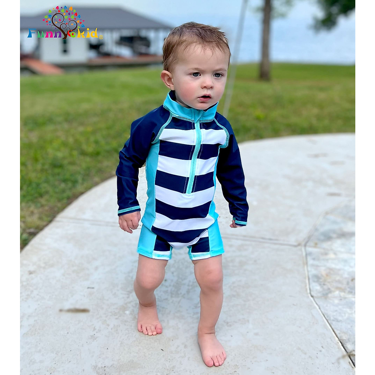 Funnycokid Baby Boys Swimsuit 12-18 Months Toddler Rash Guard One Piece UPF 50+ Swimwear Green Striped Long Sleeve Swim Shirt