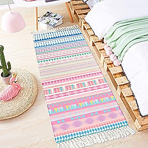 Lacomfy 2PC Cotton Area Rug Sets Pink Boho Printed Tassels Door Mat 2'x3'+2'x4.3' Hand Woven Outdoor Runner Rugs Washable Braided Rug for Kitchen Entryway Bathroom Laundry Room