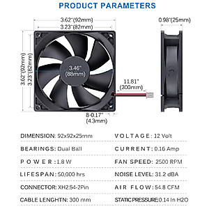 GDSTIME 92mm x 92mm x 25mm 12V Dual Ball Bearings Brushless Cooling Fan