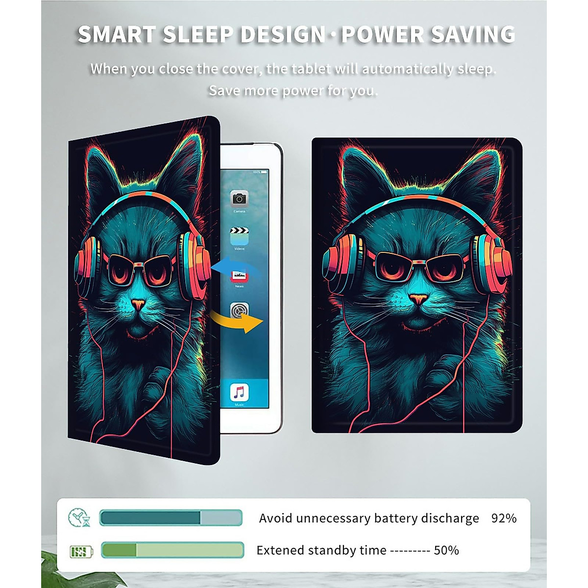 Case for Galaxy Tab S7 FE 5G/S8 Plus/S7 Plus 12.4" Tablet PU Leather Slim Lightweight Cover with Auto Wake/Sleep Protective Case for Samsung Tab S7 FE 2021/S8+ 2022/S7+ 2020,Cat with Headphones Music