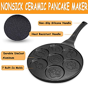 NBFTLTOP Non-Stick Pancake Pan, Sarten Para Pancakes Griddle Mini Pancake Maker Flapjack Faces Crepe Pan with Silicone spatula & Brush