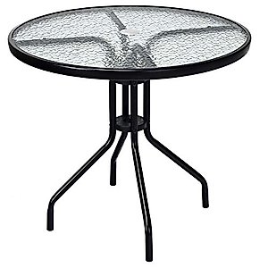 Goplus 32" Outdoor Round Patio Table with Umbrella Hole, All Weather Dining Table Tempered Glass Top, Bistro Table Coffee Table Furniture Commercial Party Event for Backyard Lawn Balcony Pool