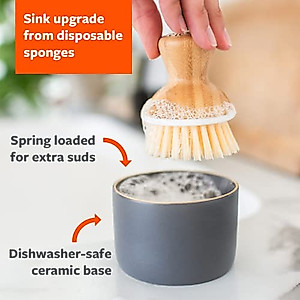 Full Circle Bubble Up Ceramic Dispenser & Bamboo Handle Brush – Replaceable Kitchen Dish Scrubber with Soap Holder, Gray, Dispenser, Grey/White