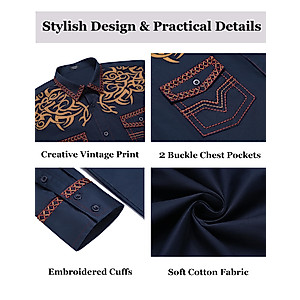 COOFANDY Western Shirts for Men with Snap Buttons Regular Fit Printed Mens Long Sleeve Shirts Casual Blue Large