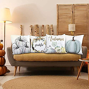 Yastouay Autumn Throw Pillow Cover Decorations Pumpkin Cushion Couch Cover Pillow Cases Set of 4 for Autumn Thanksgiving Day (Blue-Gray,18 X 18 Inch)