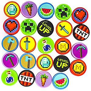 24 Pcs Pixel Miner Themed Stampers for Kids, Mine Pixel Craft Birthday Party Favors Supplies, Classroom Rewards Prizes Goody Bag Treat Bag Stuffers
