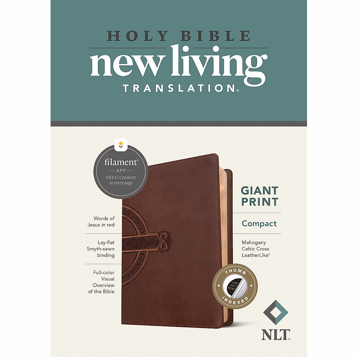 NLT Compact Giant Print Bible, Filament Enabled (LeatherLike, Mahogany Celtic Cross, Indexed, Red Letter)