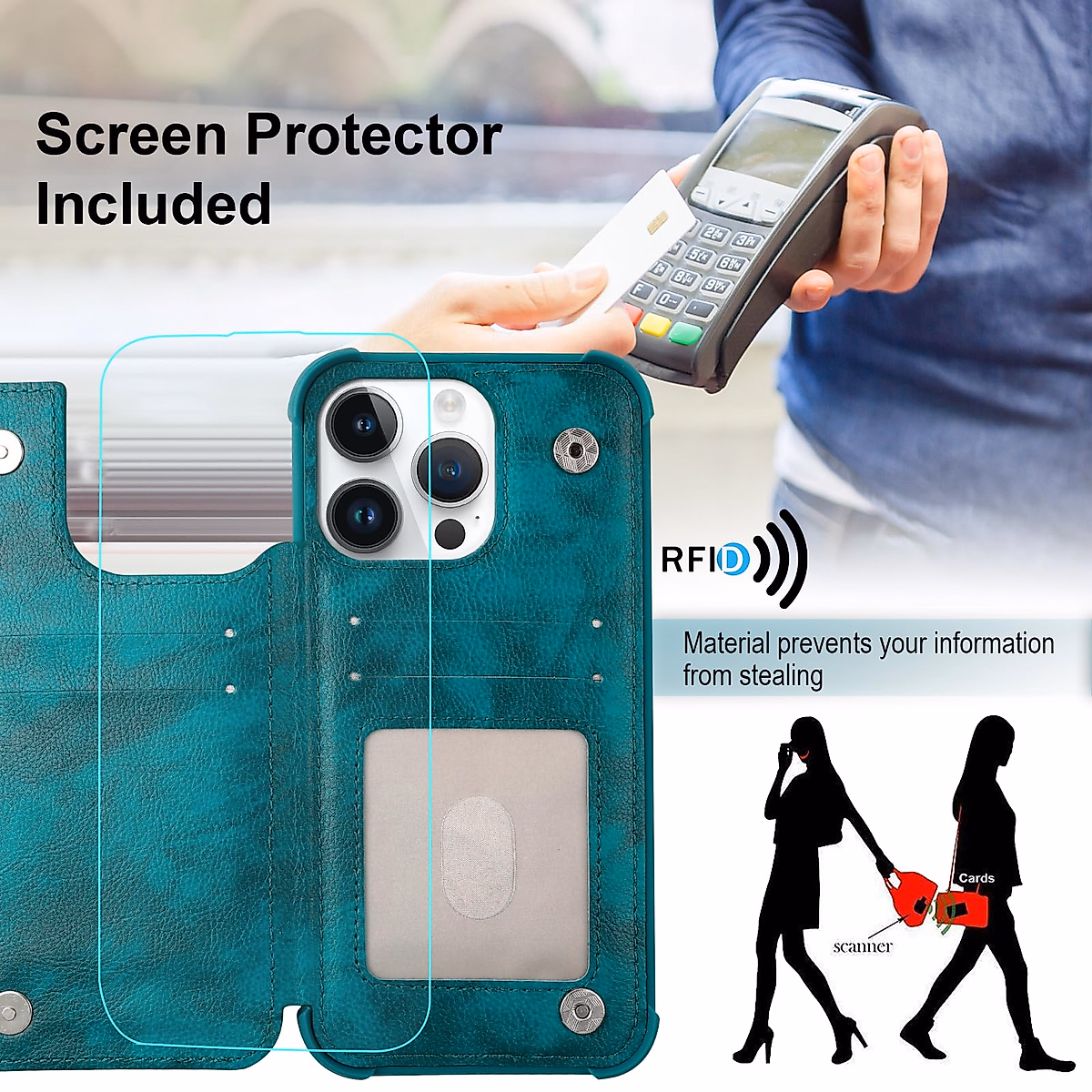 VANAVAGY Compatible with iPhone 14 Pro Max Wallet Case for Women and Men, Leather Flip Folio Phone Cover Fits Magnetic Car Mount with Credit Card Holder, Midnight Green