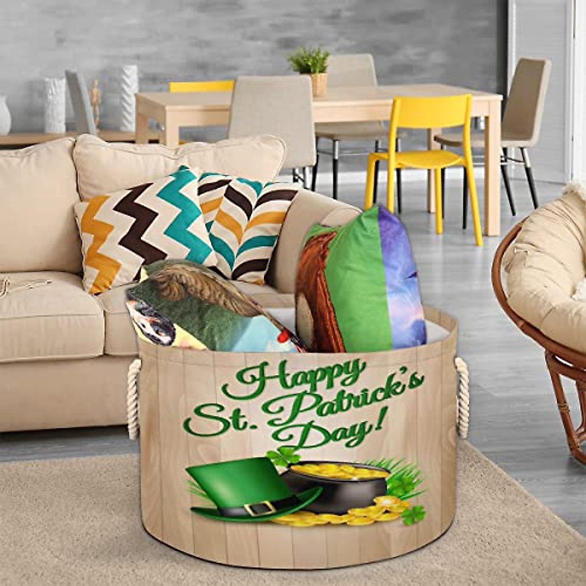 Saint Patrick's Day Green Hat (3) Large Round Baskets for Storage Laundry Baskets with Handles Blanket Storage Basket for Bathroom Shelves Bins for Organizing Nursery Hamper Girl Boy
