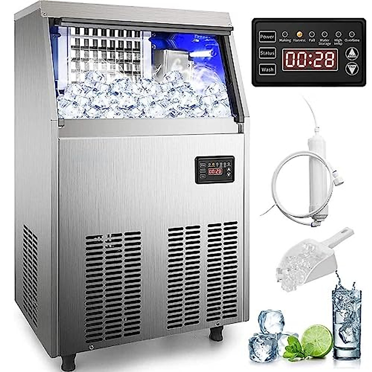 Commercial Stainless Steel Under Counter Ice Maker Machine with 33LB Bin - Automatic Operation, Water Filter, Scoop, Connection Hose - Makes 90-100LBS/24H - Ideal for Home Bar, Restaurant, and Office